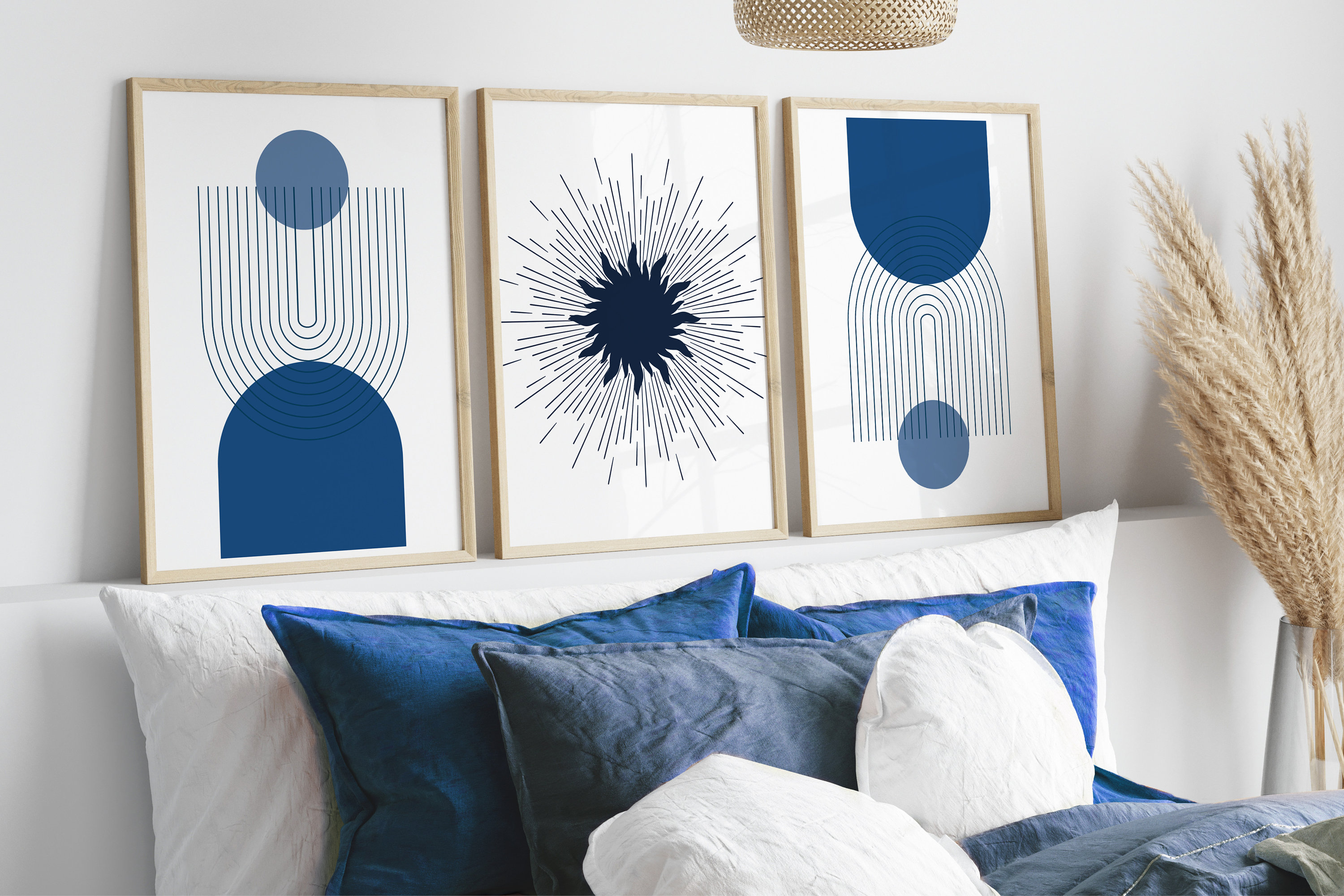 Blue Wall Art Prints in a Set of 3, Dark Blue Boho Wall Art, Blue Wall ...