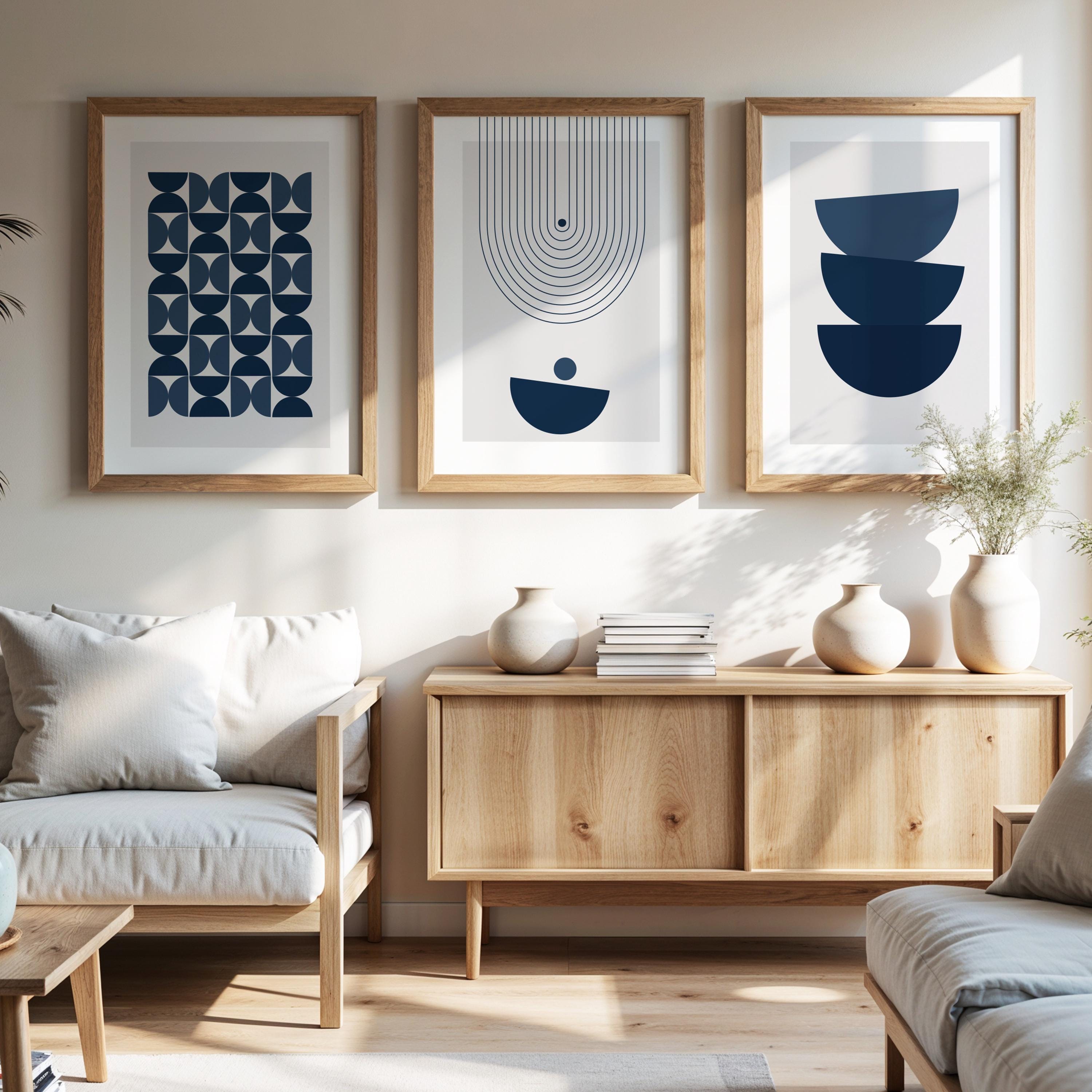 Navy Blue Wall Art Set of 3 Prints – Abstract Midcentury Gallery Wall ...