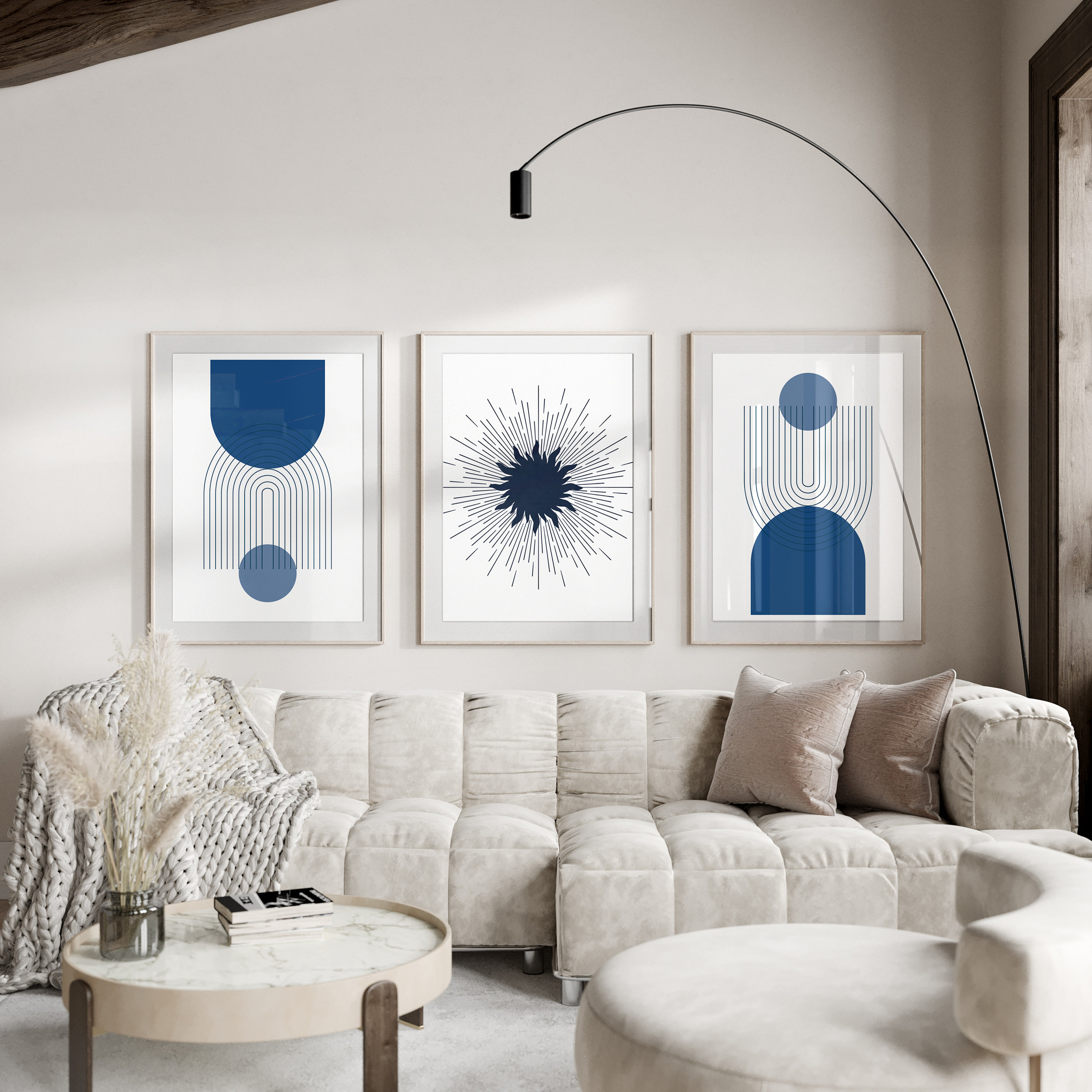Blue Wall Art Prints in a Set of 3, Dark Blue Boho Wall Art, Blue Wall ...