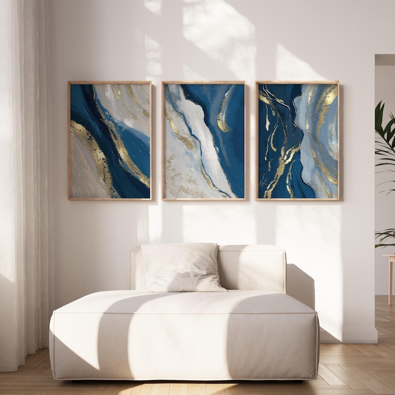 Blue Wall Art Prints in a Set of 3, Abstract Wall Prints, Blue Navy ...