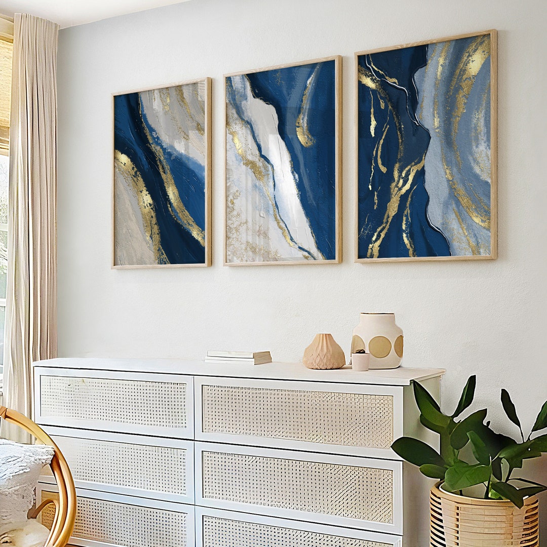 Blue Wall Art Prints in a Set of 3, Abstract Wall Prints, Blue Navy ...