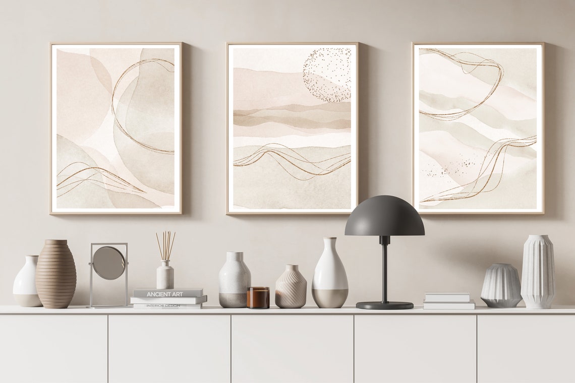 Beige and Rose Gold Wall Art Prints Set of 3, Neutral Abstract Art ...
