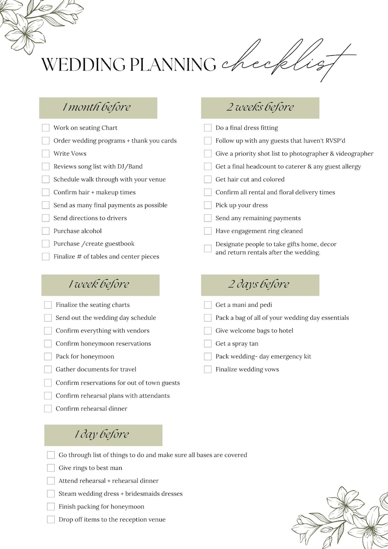 Wedding Planning Checklist, Wedding To-do List, Wedding Preparation ...
