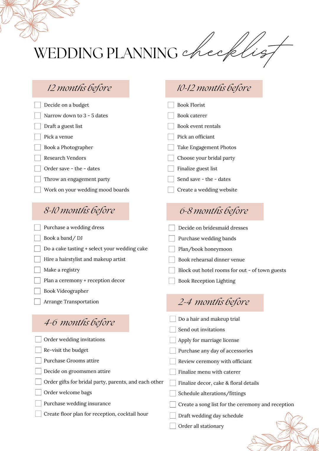 Wedding Planning Checklist, Wedding To-do List, Wedding Preparation ...