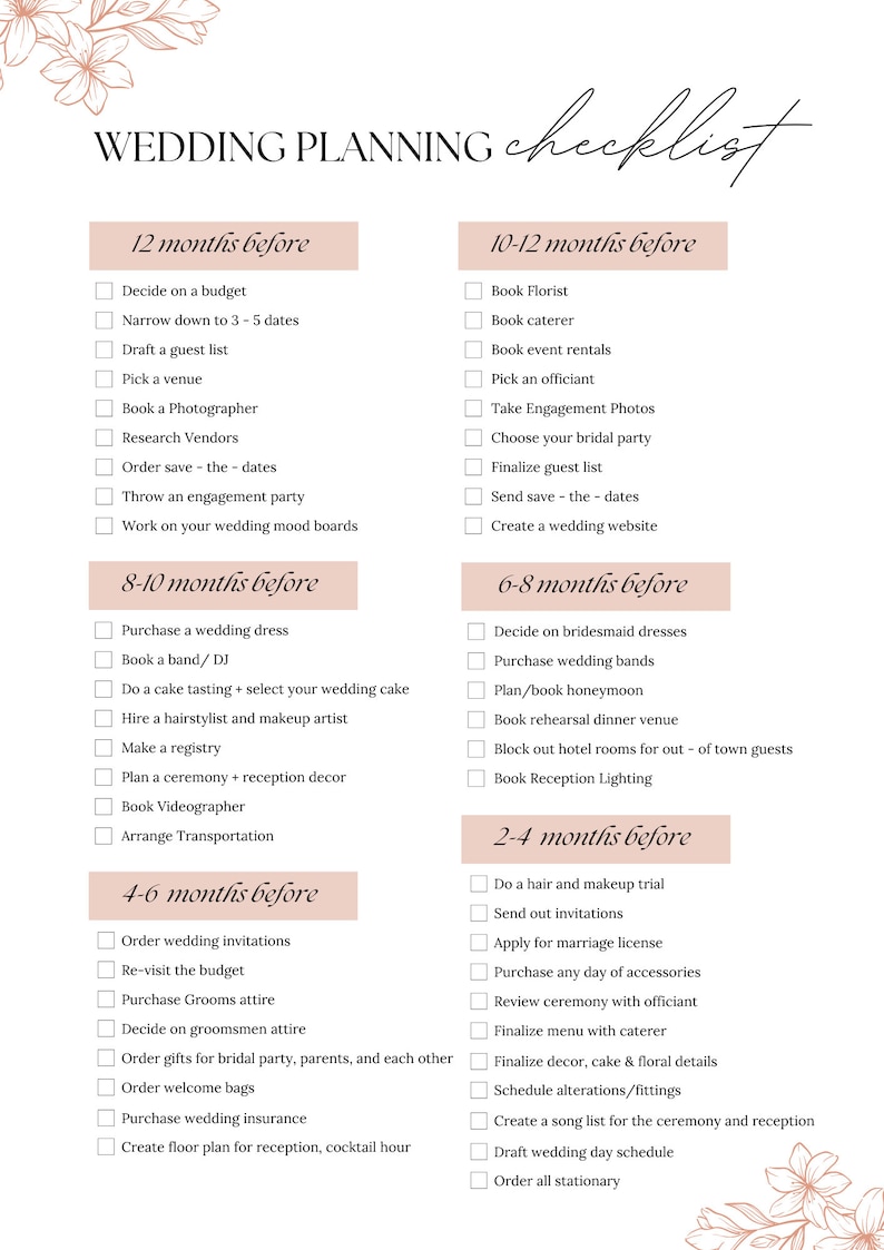 Wedding Planning Checklist, Wedding To-do List, Wedding Preparation ...