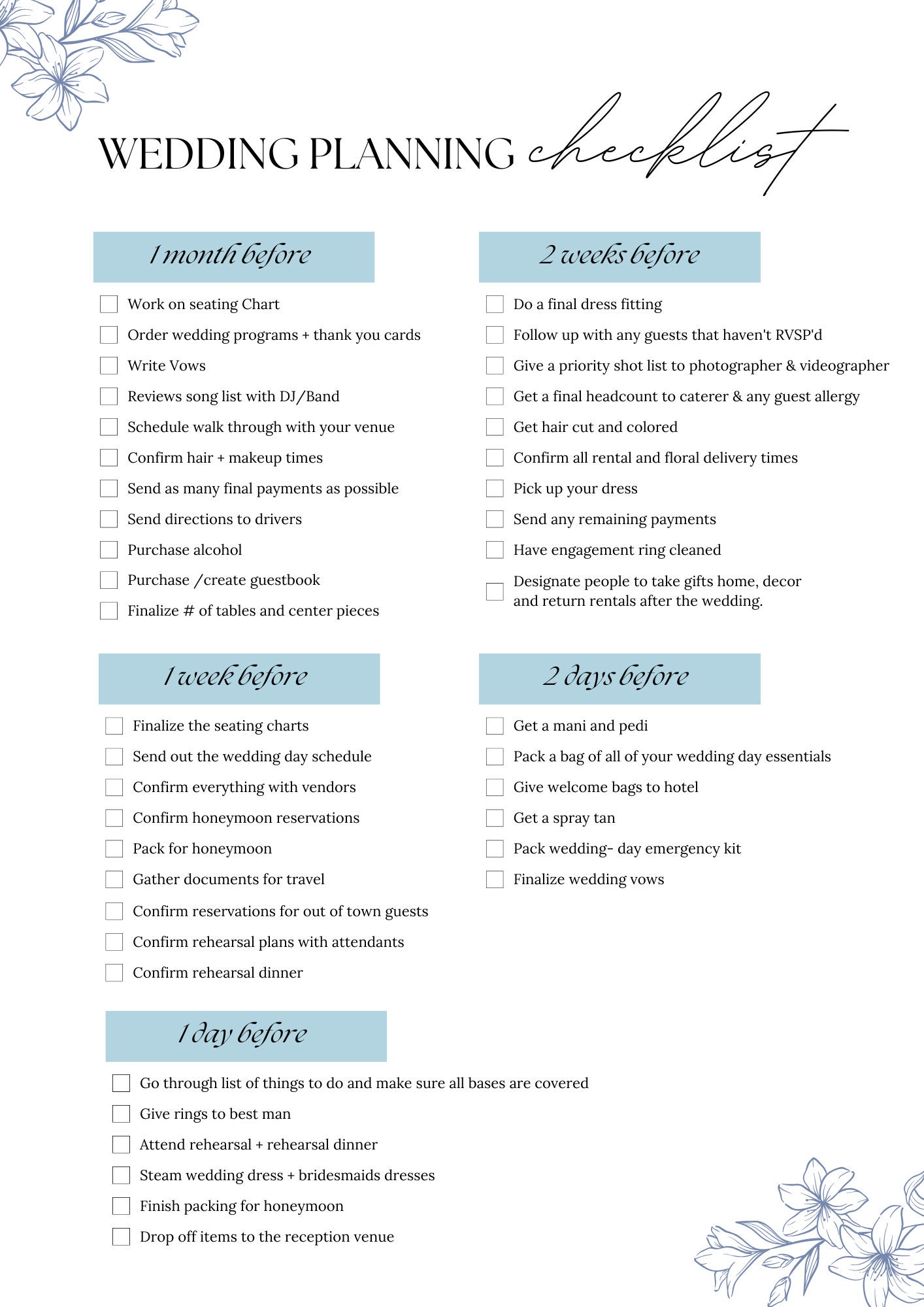 Wedding Planning Checklist, Wedding To-do List, Wedding Preparation ...
