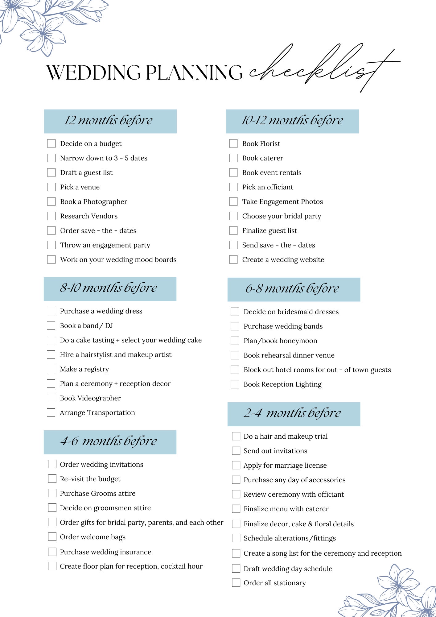 Wedding Planning Checklist, Wedding To-do List, Wedding Preparation ...