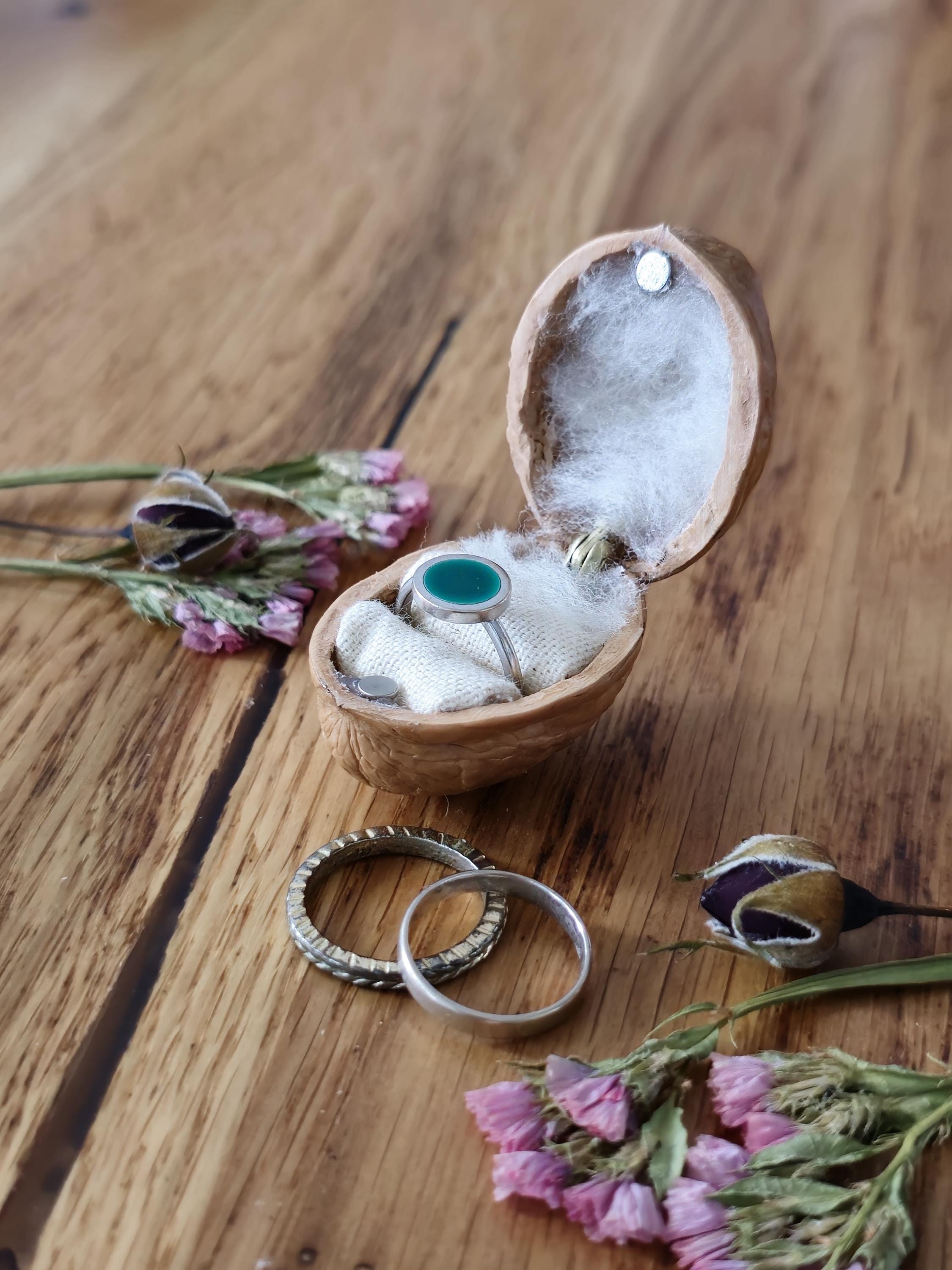 Handcrafted Walnut Shell Ring Box: Rustic Nature-inspired Jewelry ...