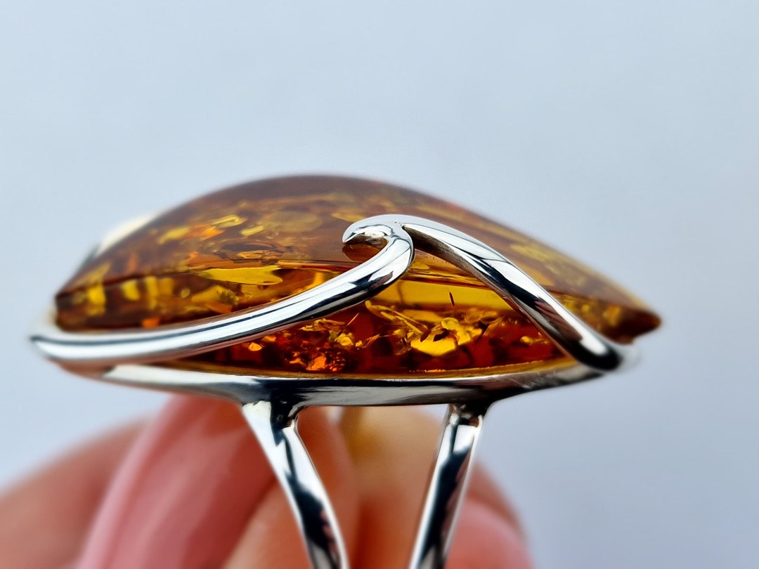 Amber Ring,cognac Amber-silver Ring,baltic Amber Stone Ring,adjustable ...