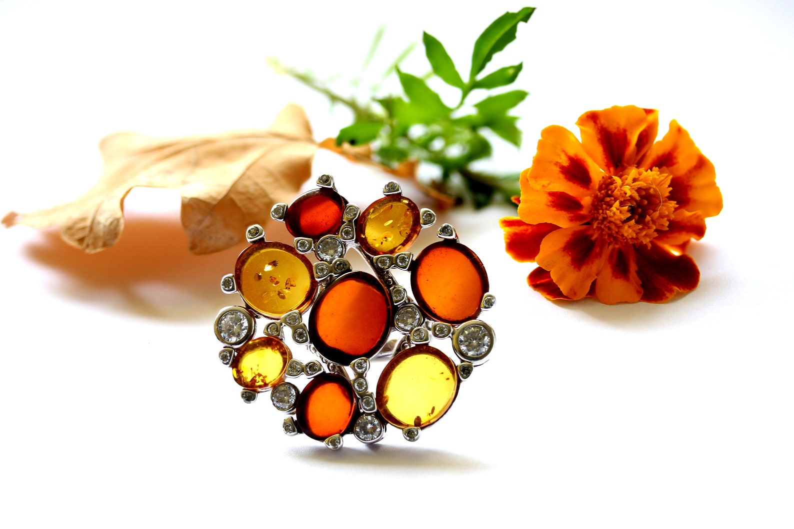 Exclusive Amber & Silver Ring,ring Size 18/5,multicolor Baltic Amber ...