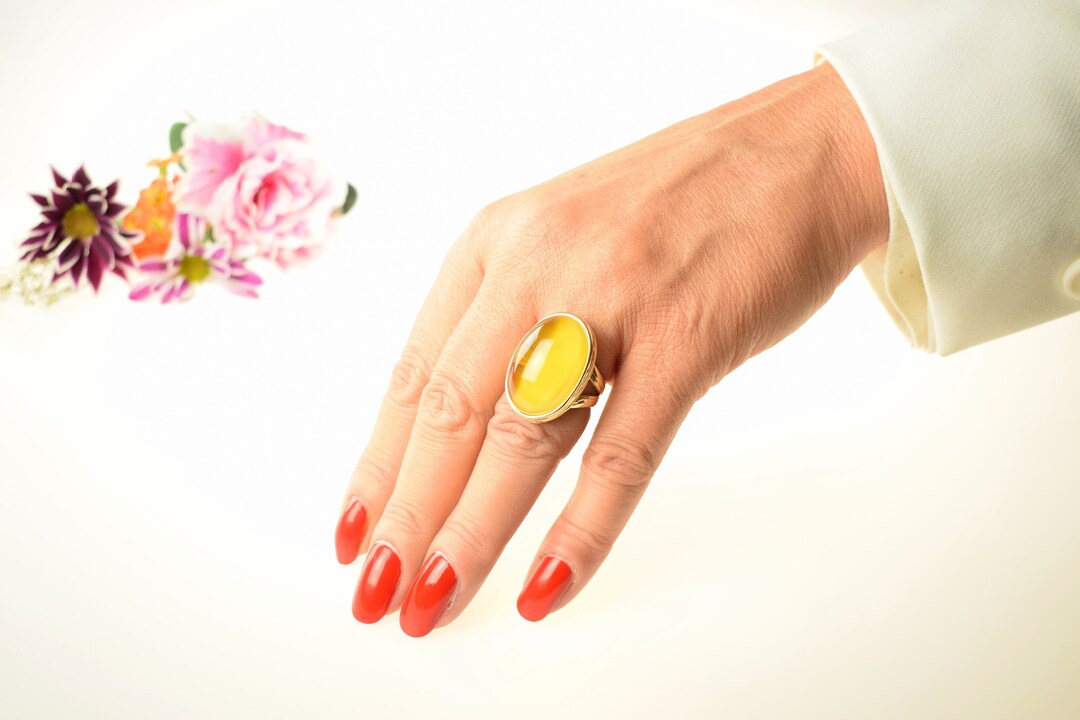 Egg Yolk Baltic Amber Ring, Yellow Amber Gold Plated Ring, Natural ...
