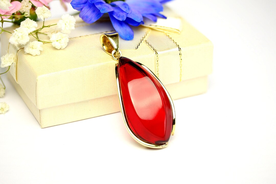 Red Amber Stone Pendant,baltic Red Amber Pendant,gold Plated Amber ...