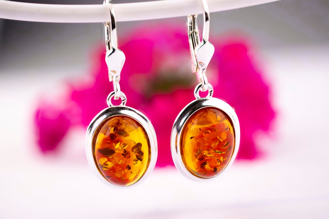 Classic Amber Drop Earrings, Cognac Baltic Amber Earrings With Silver ...