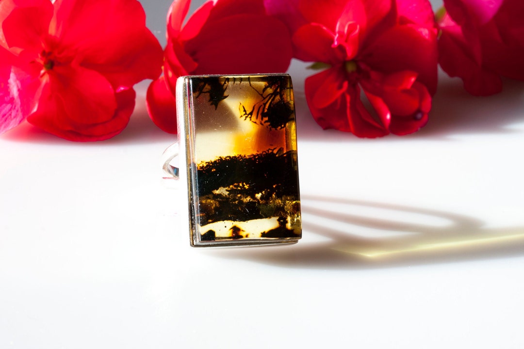 Clear Baltic Amber Ring, Rectangular Amber and Silver Ring, Big Luxury ...