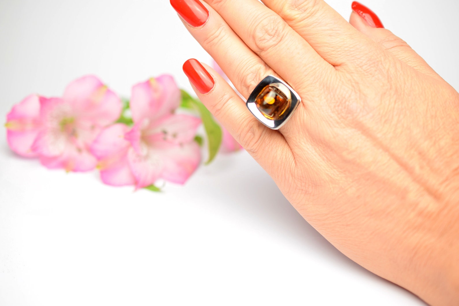 Modern Amber and Silver Ring, Cognac Amber Stone Ring, Handmade ...