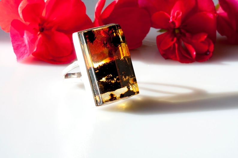 Clear Baltic Amber Ring Rectangular Amber And Silver Ring | Etsy
