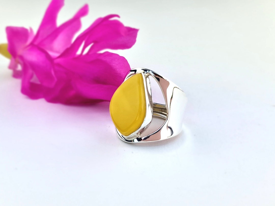 Yellow Amber Stone Ring, Natural Baltic Amber Ring, Amber Adjustable ...