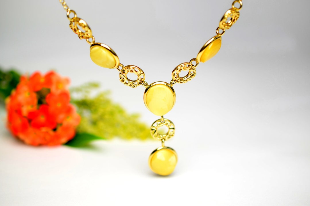 Gold Chain Amber Necklace, Yellow Amber With Chain, Gold Plated Amber ...