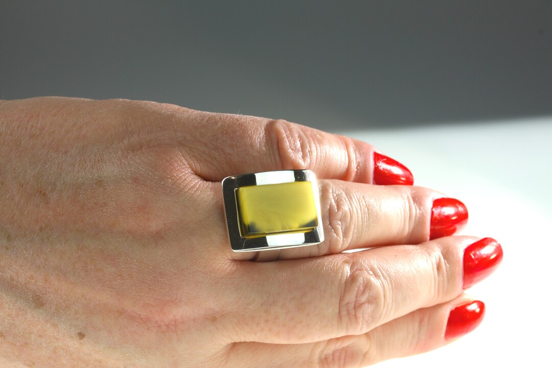 Yellow Amber Statement Ring, Yellow Amber Stone Ring,rectangular Amber ...