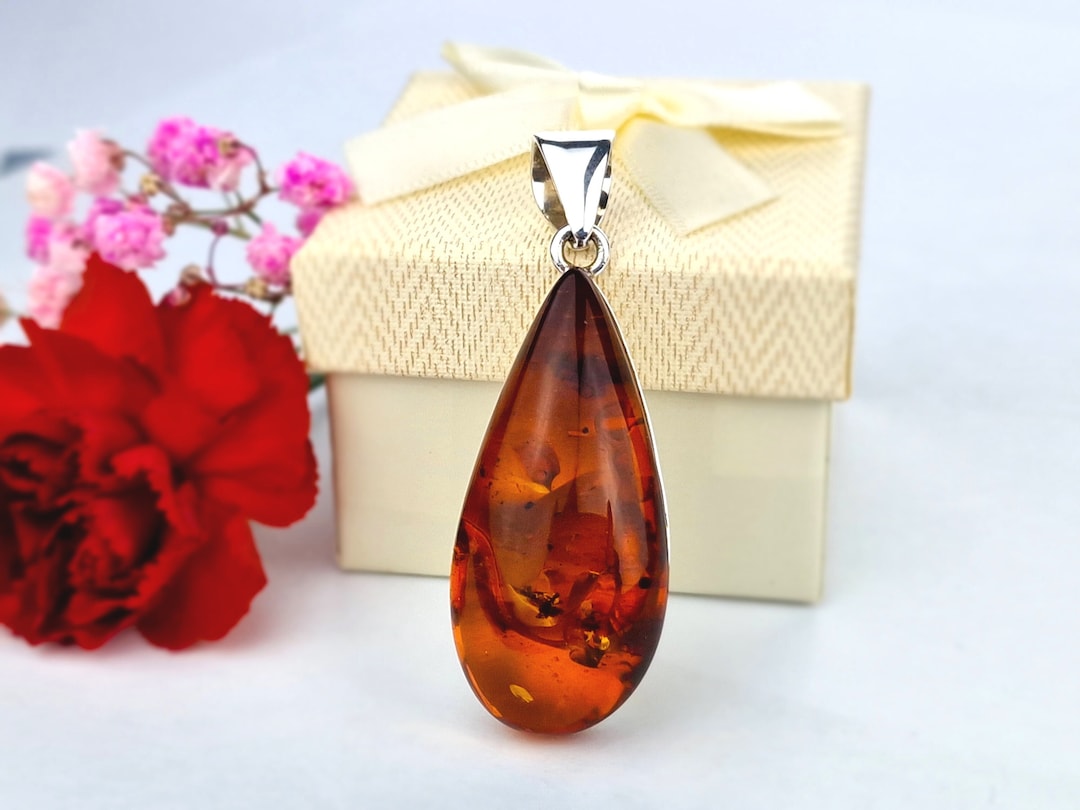 Dark Cognac Amber Drop Pendant, Natural Amber Gemstone Pendant, Baltic ...