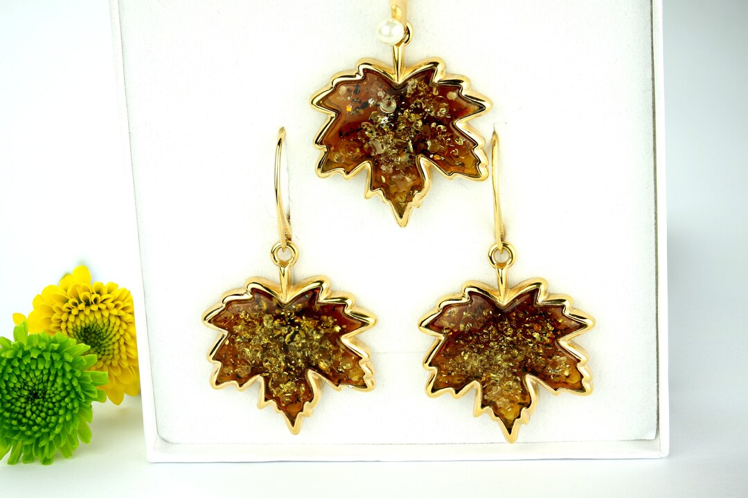 Amber Maple Leaf Jewellery Set, Natural Amber With Gold Glitters ...
