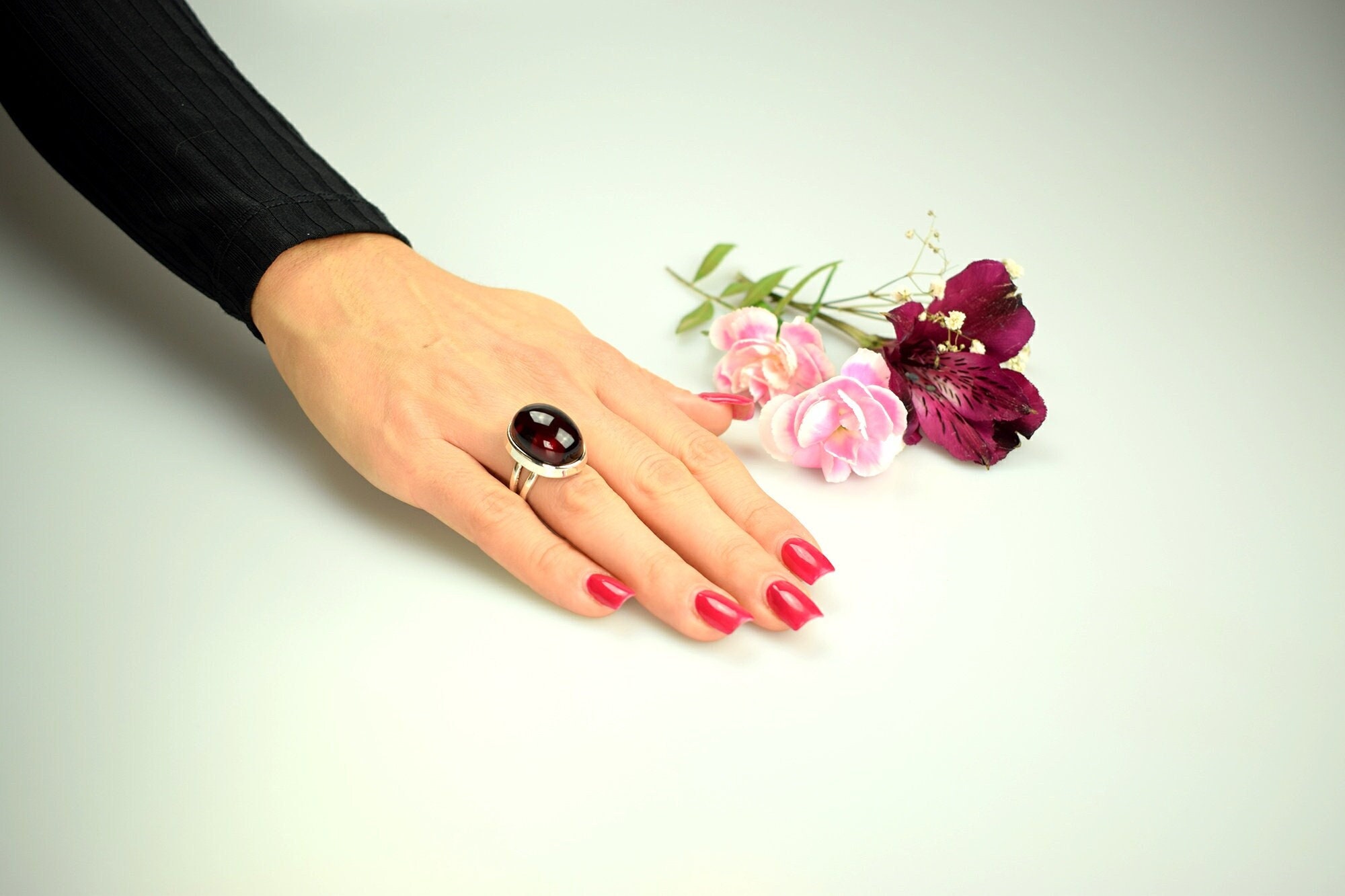 Oval Baltic Amber And Silver Ring,Dark Cherry Amber Adjustable Ring ...