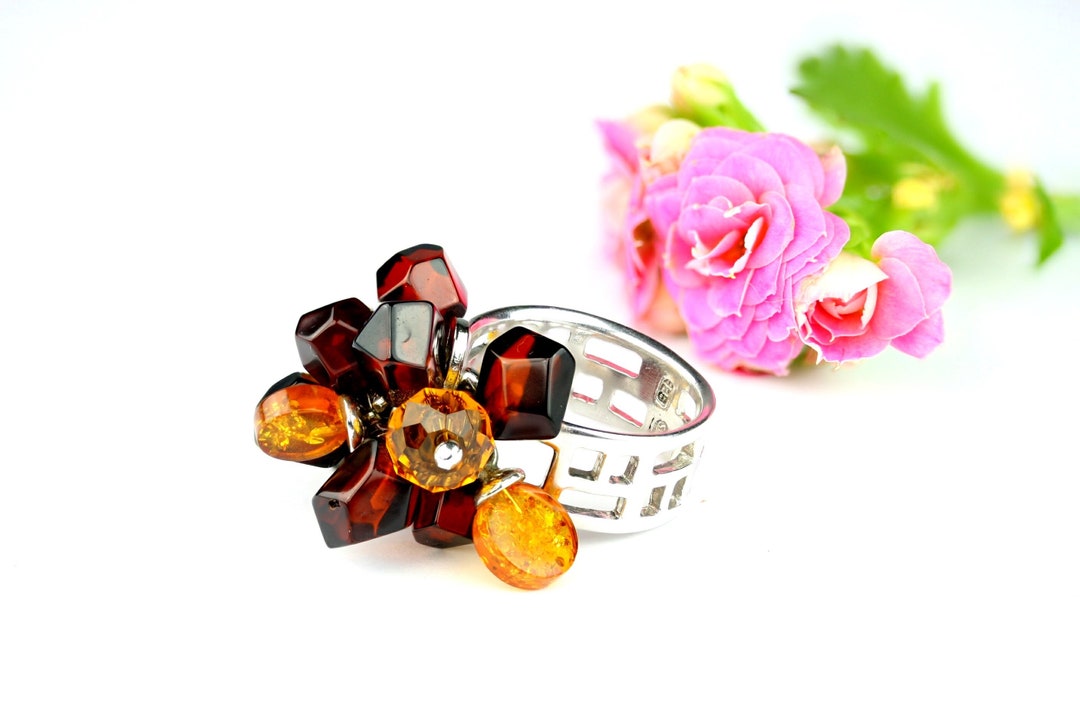 Modern Design Amber Swarovski Ring, Fine Amber and Silver Ring, Small ...