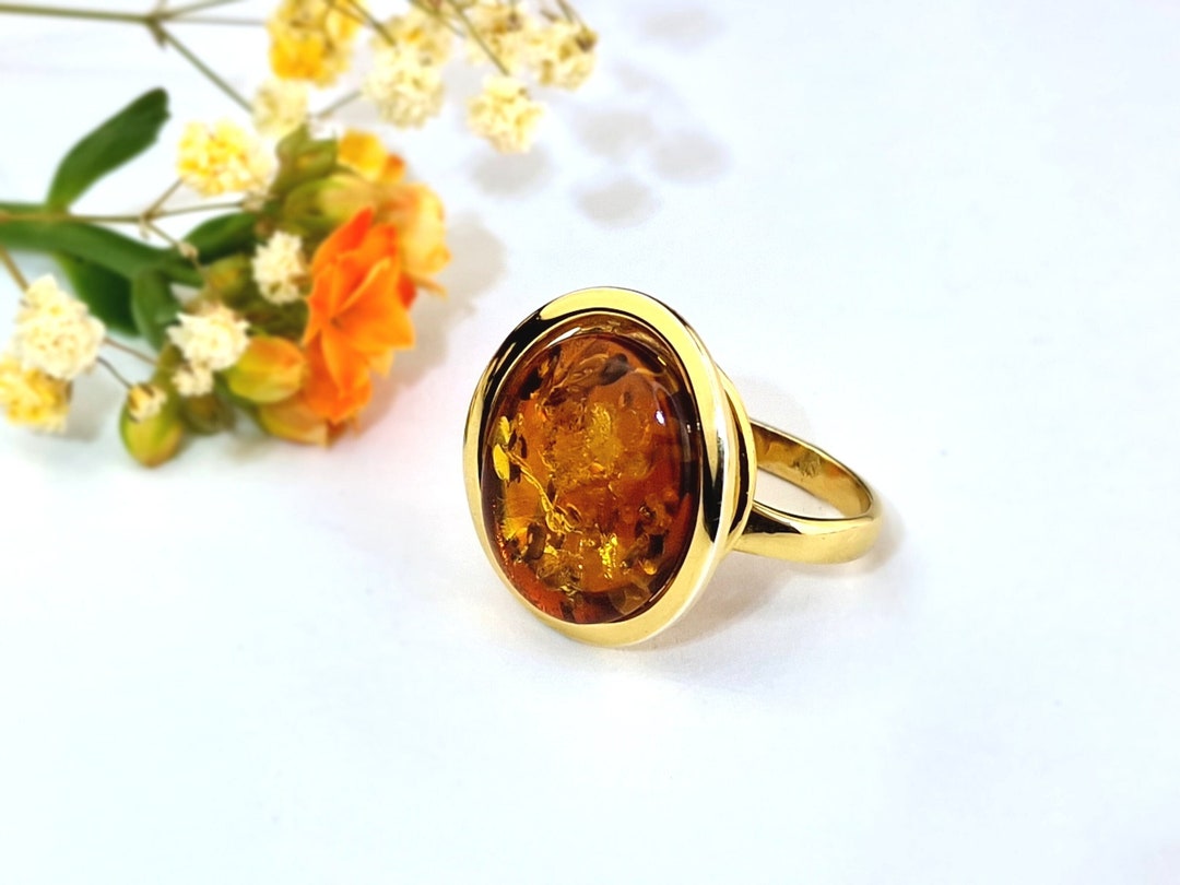 Gold Baltic Amber Ring, Shiny Amber and Gold Plated Ring,cognac Amber ...