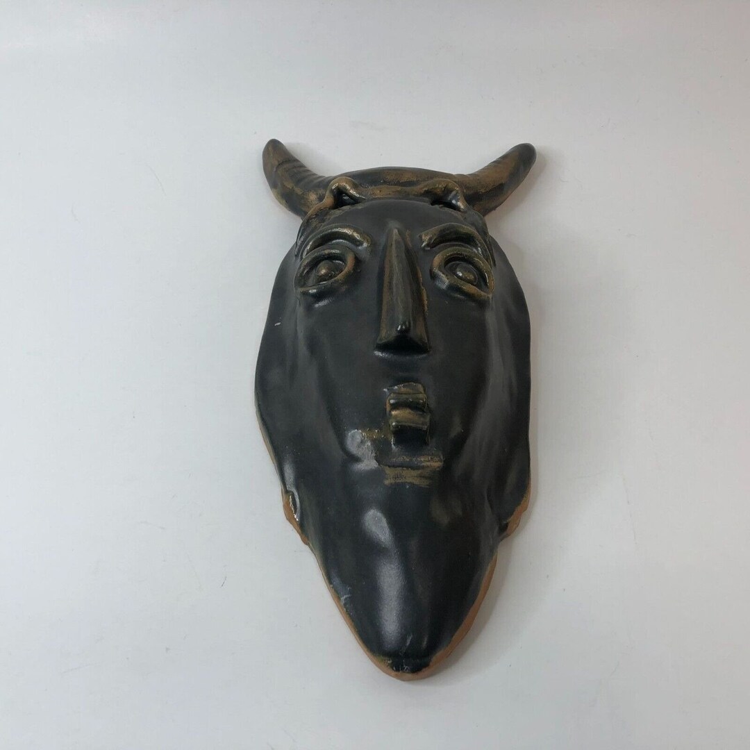 Black Distressed Clay Devil Diablo With Horns Hanging Mask Plaque Dark ...