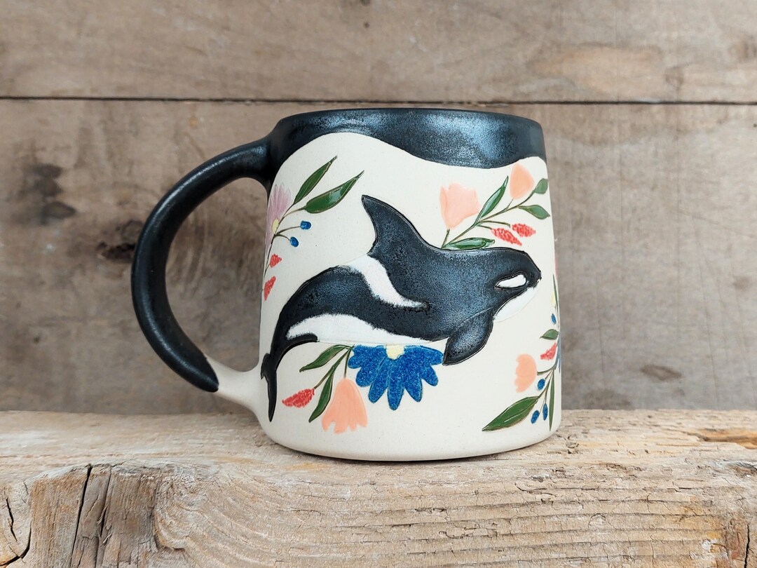 16 Oz., Orca Mug, Killer Whale Mug, Whale and Flowers Mug, Orca Lover ...