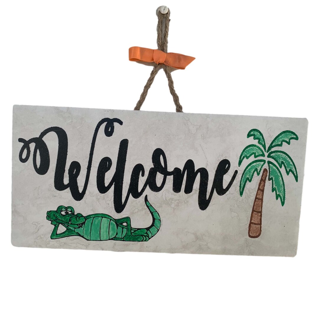 Florida Slate Alligator Palm Tree Farmhouse-style Entryway Welcome Sign ...