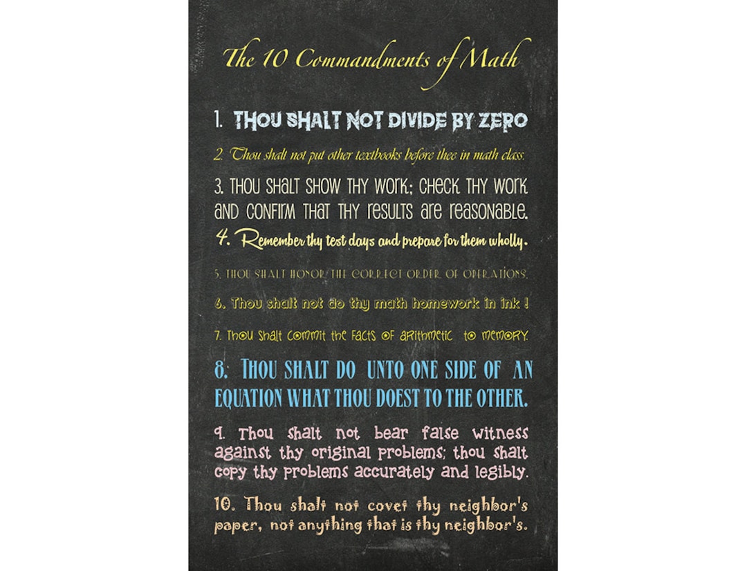 Ten Commandments of Math, Math Poster - Etsy