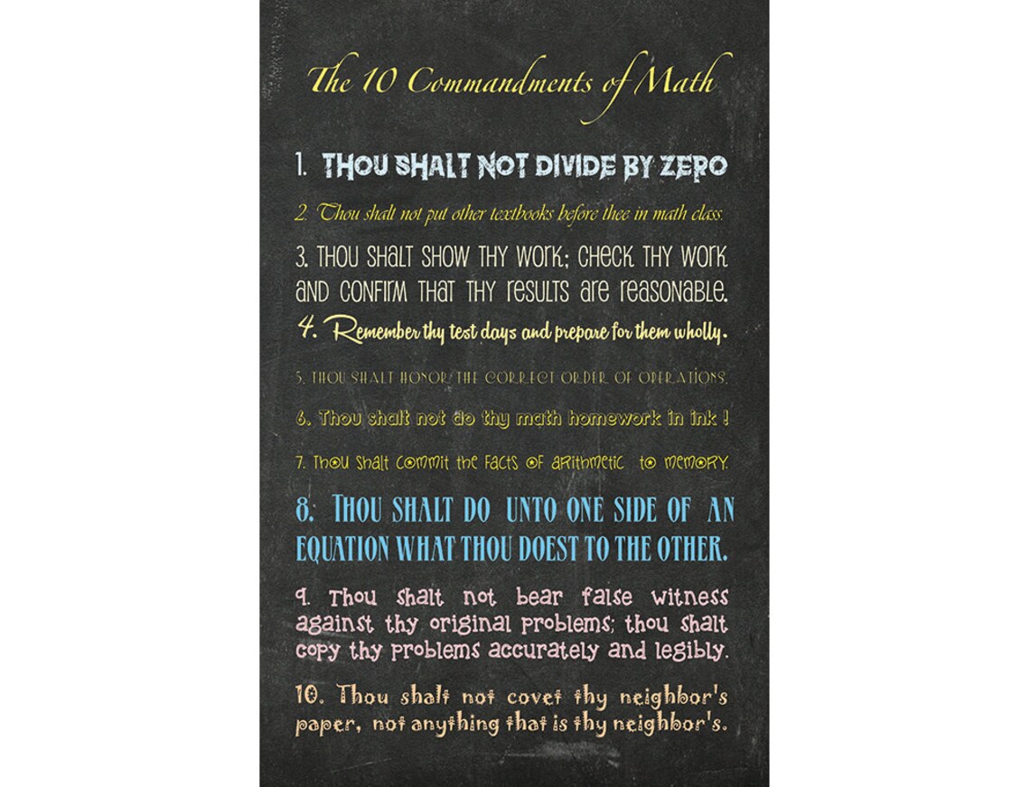 Ten Commandments of Math, Math Poster - Etsy