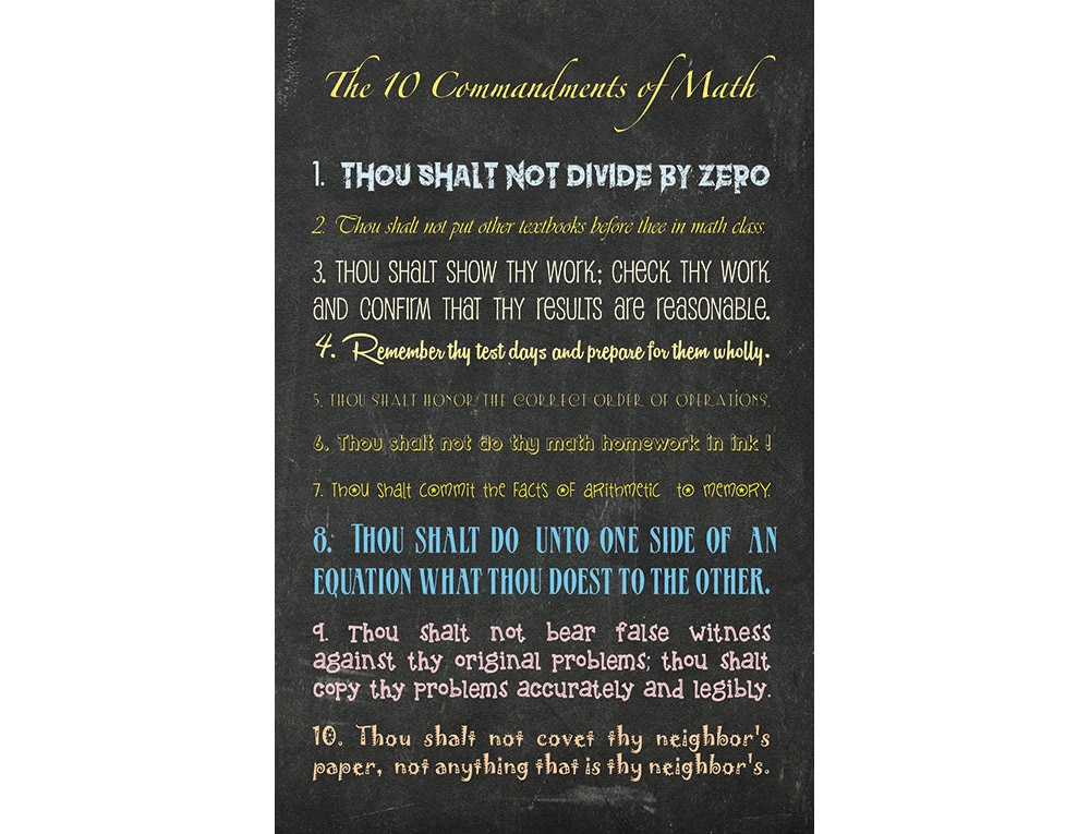 Ten Commandments of Math, Math Poster - Etsy
