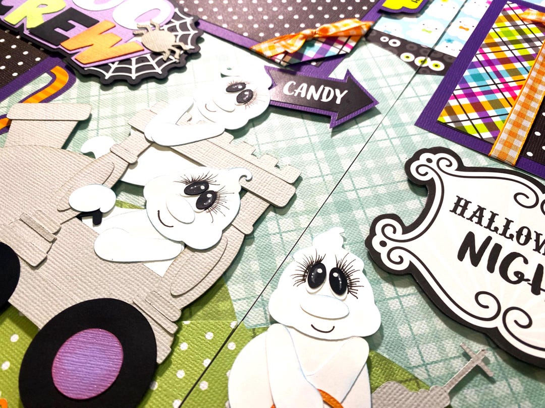 Boo Crew Halloween Train Ghost, 2 Premade Scrapbook Pages Layout Paper ...