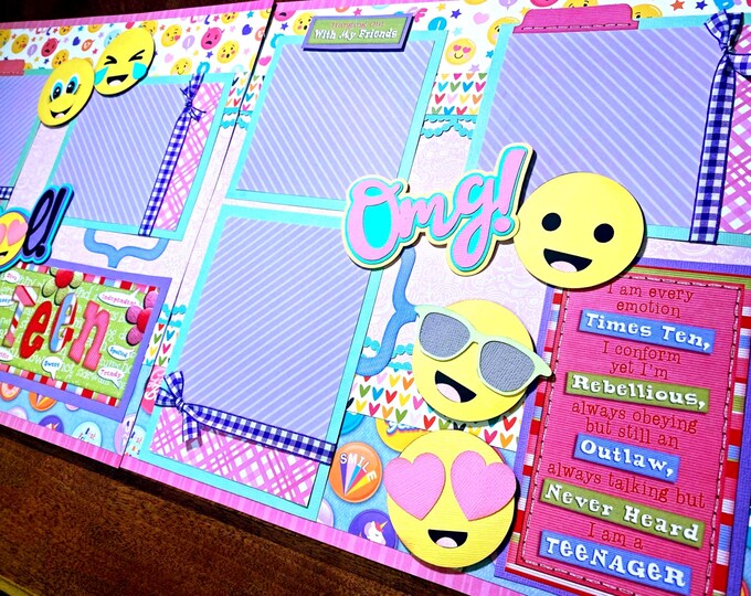 Teen Girl Layout Emoji OMG LOL, 2 Premade Scrapbook Pages Layout Paper ...