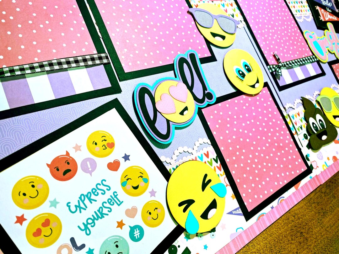Teen Girl Layout Emoji OMG LOL, 2 Premade Scrapbook Pages Layout Paper ...