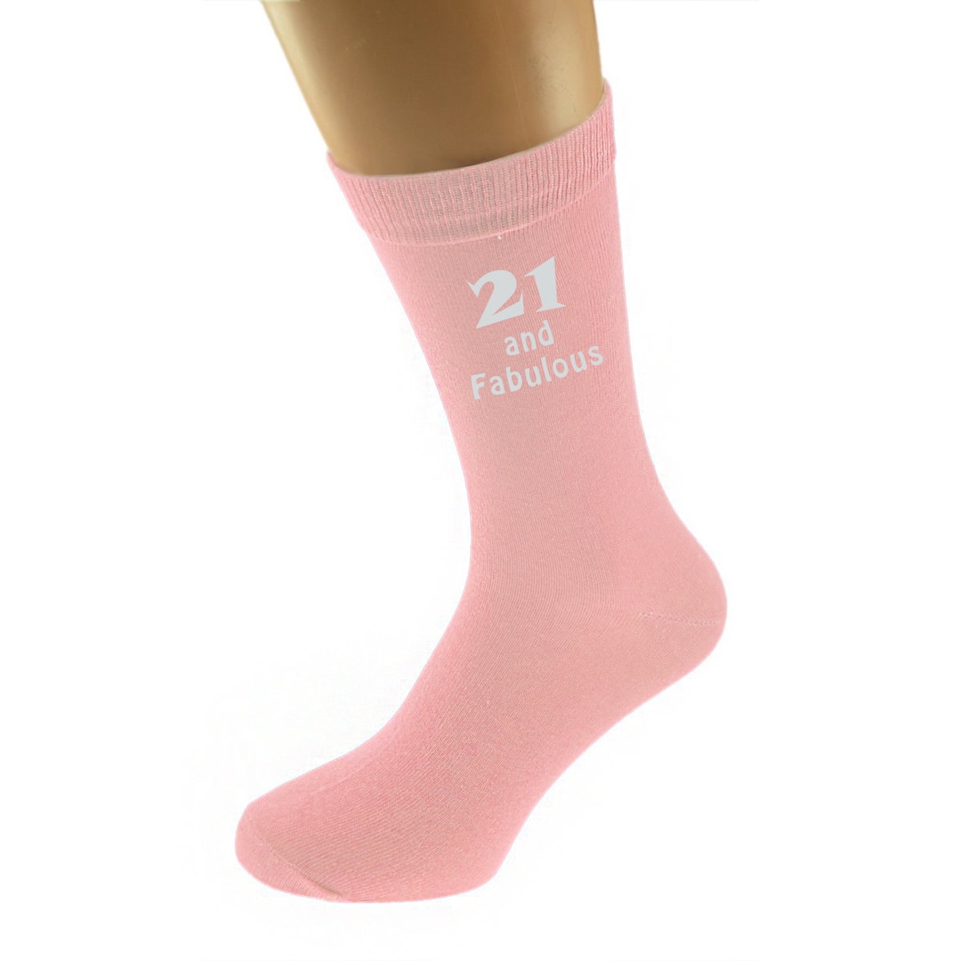 21 & Fabulous Printed in White Vinyl on Ladies Pink Cotton Rich Socks ...