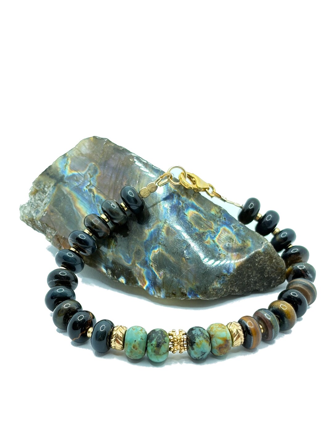Natural African Turquoise & Hawk Eye Gemstones Bracelet -gold Filled ...