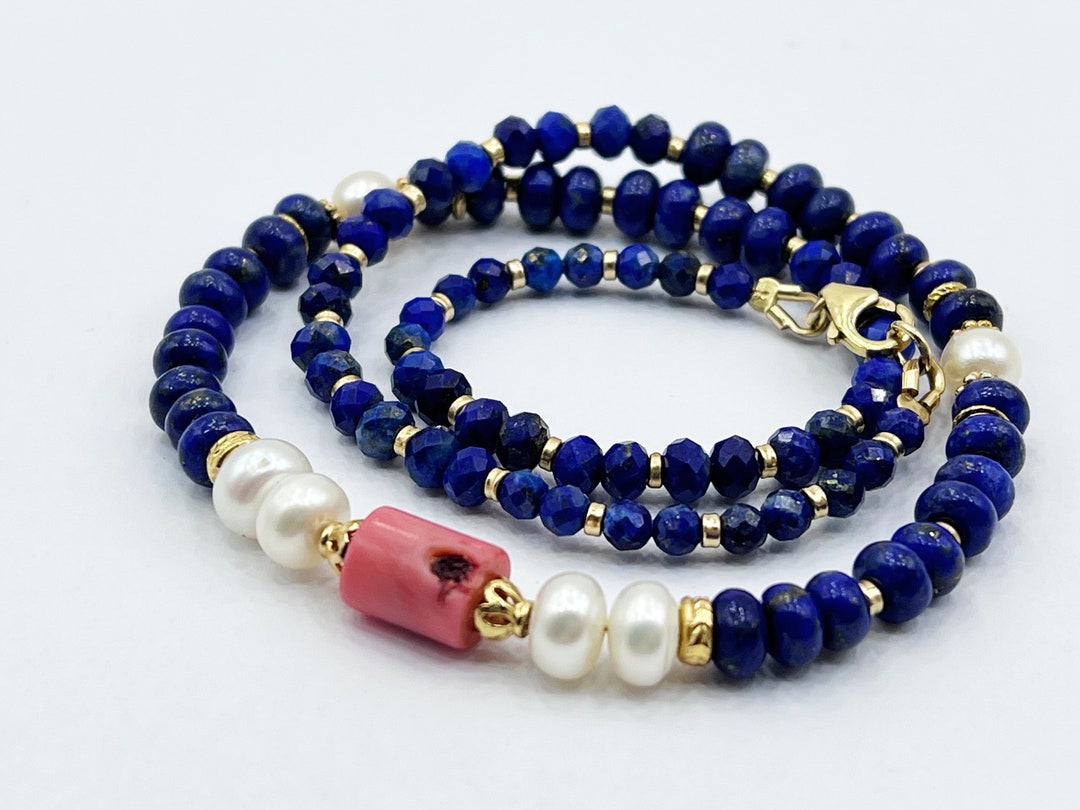 Lapis Necklace Lapis Lazuli Pearl Pink Coral Necklace Pink - Etsy Israel