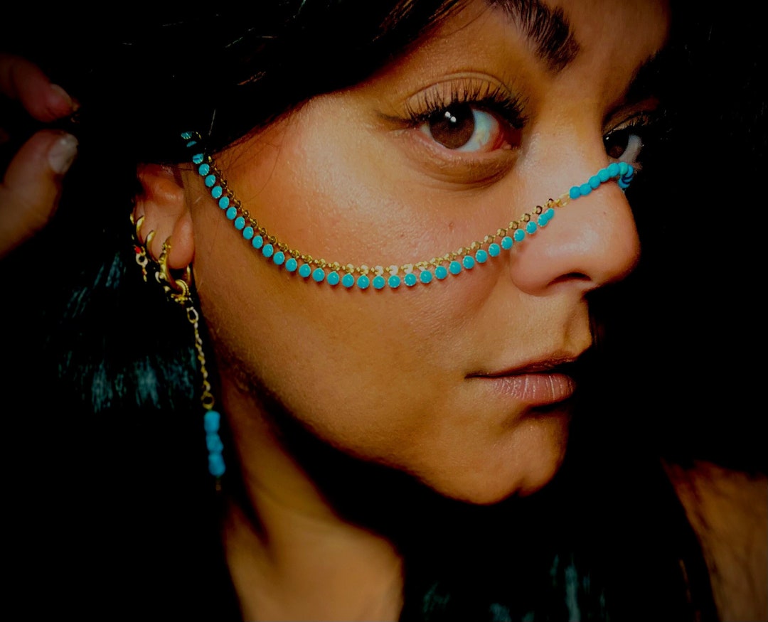 Turquoise Face Chain, Gold Face Chain, Nose Bridge Cuff, Turquoise ...