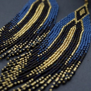 Long Beaded Earrings Blue Gold Earrings Fringe Seed Bead Earrings ...
