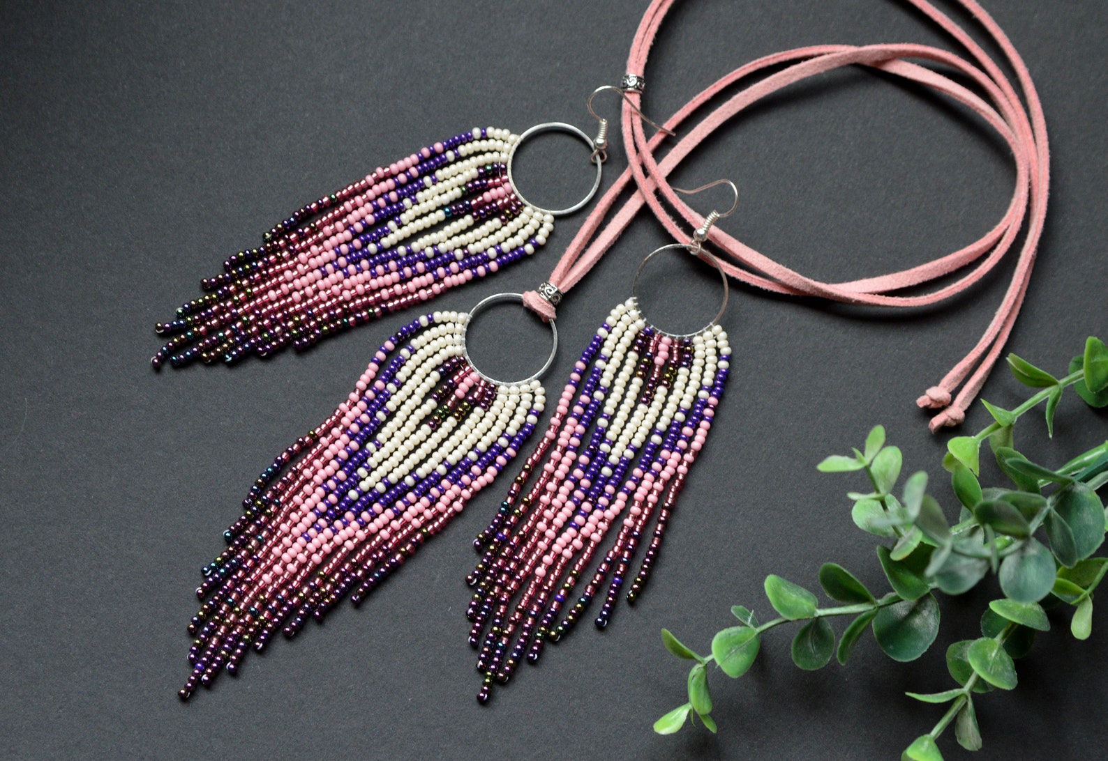 Long beaded earrings Hoop earrings Bead tassel earrings | Etsy