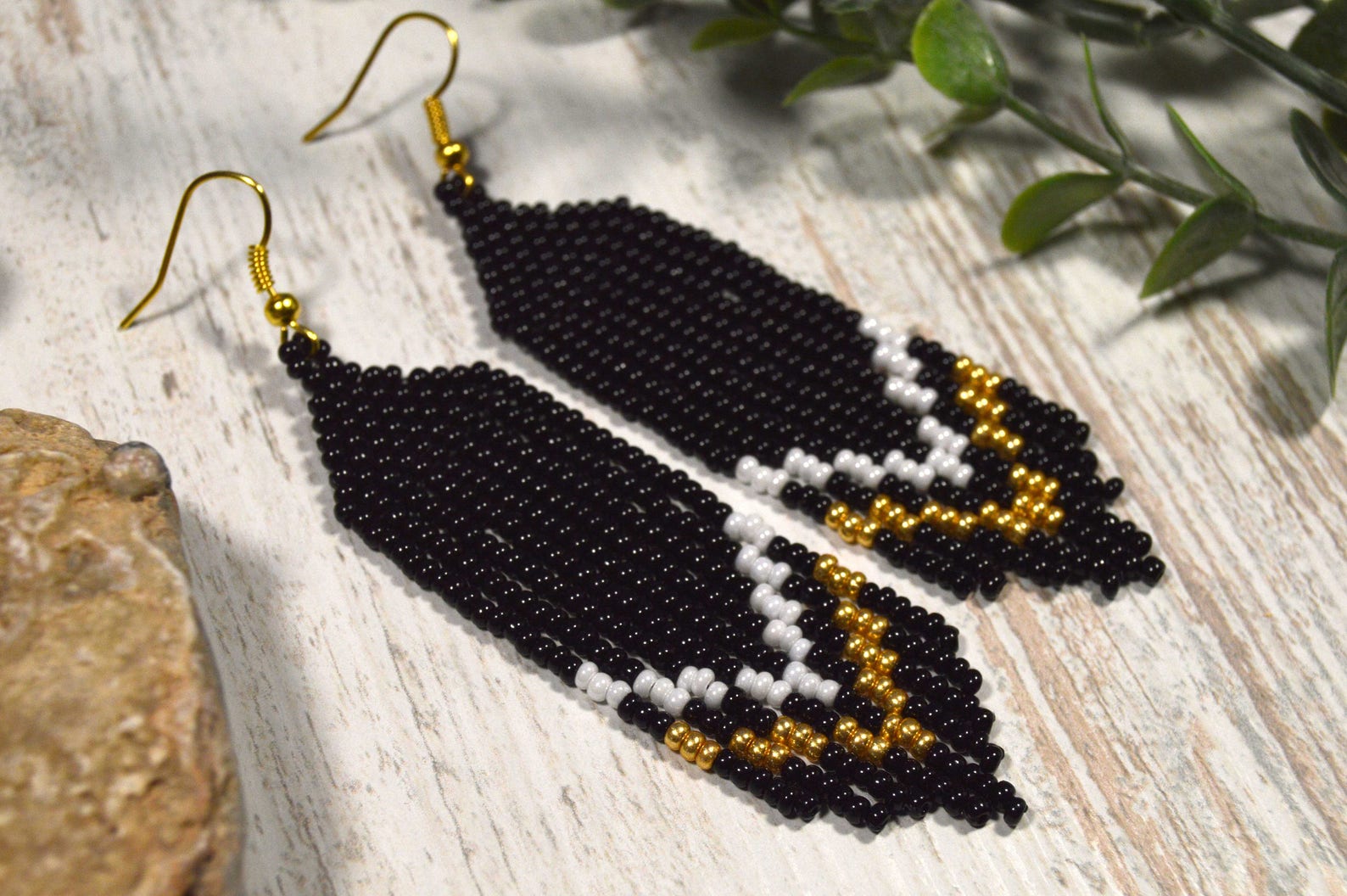 Beaded Black Gold White Long Fringe Earrings - Etsy
