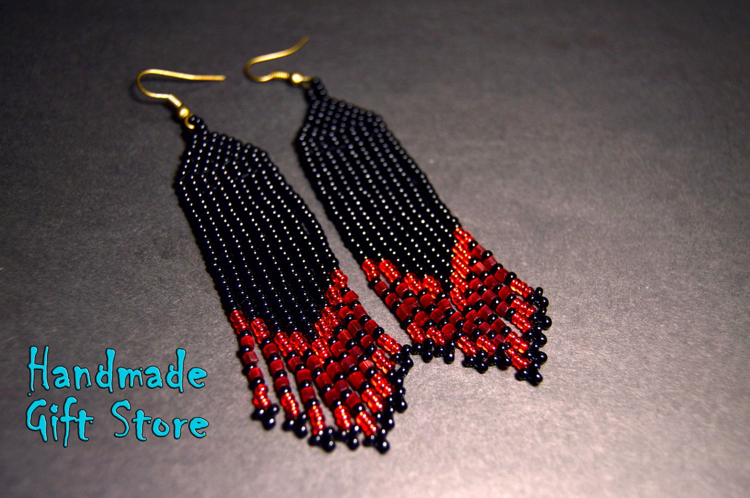 Beaded Earrings Black Red Fringe Earrings - Etsy