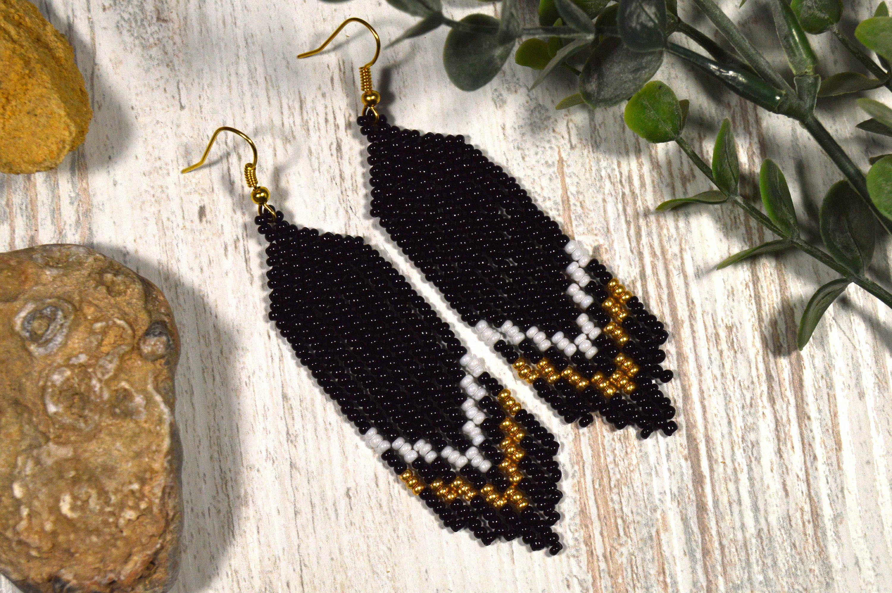 Beaded Black Gold White Long Fringe Earrings - Etsy