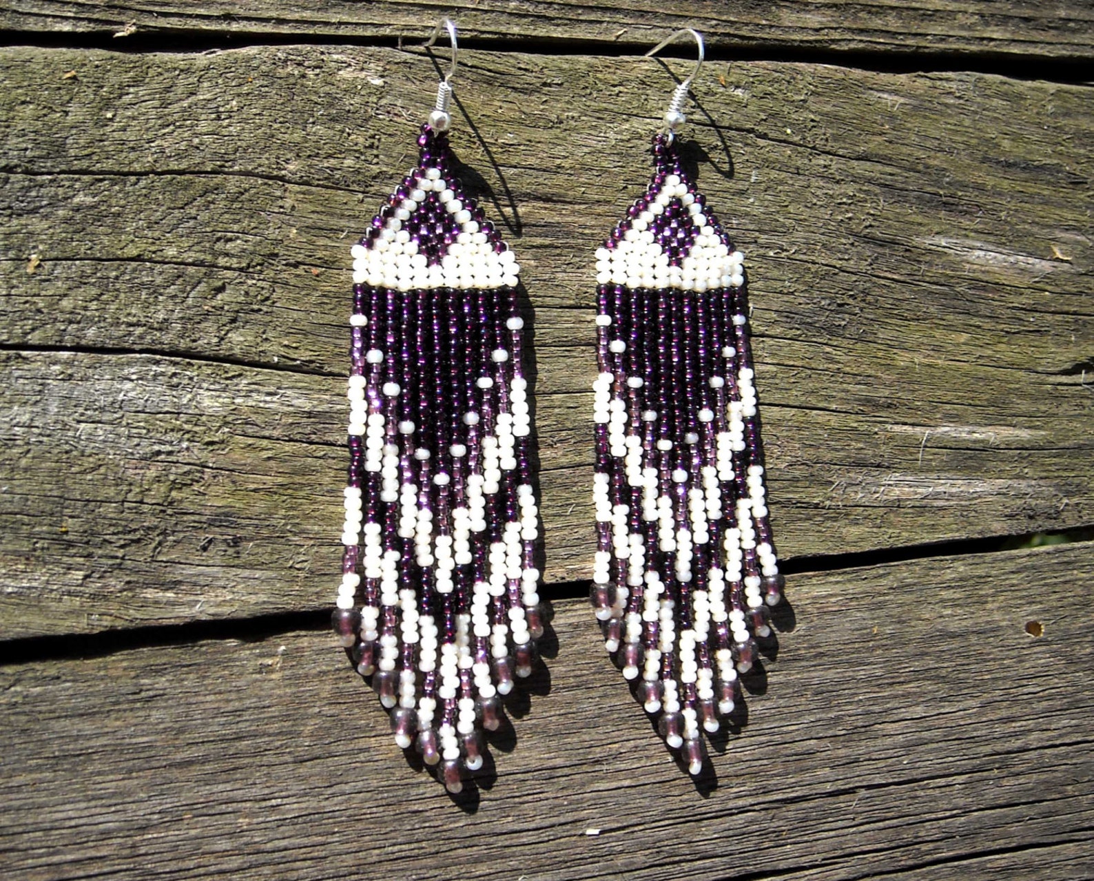 Seed bead earrings Long beaded earrings Beige purple tassel | Etsy