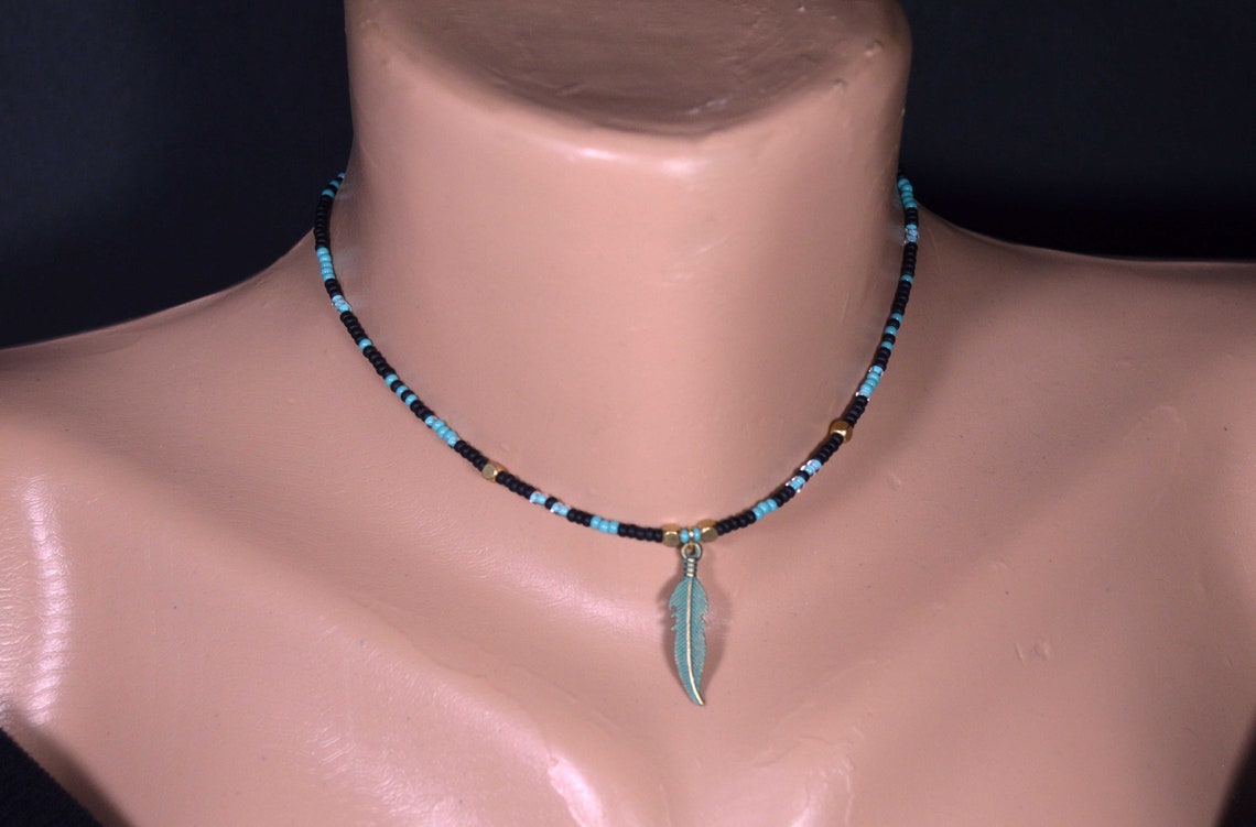 Feather beaded choker necklace | Etsy
