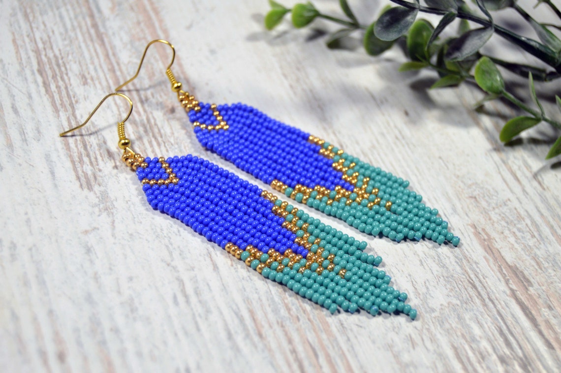 Turquoise Long Beaded Earrings, Seed Bead Earrings - Etsy