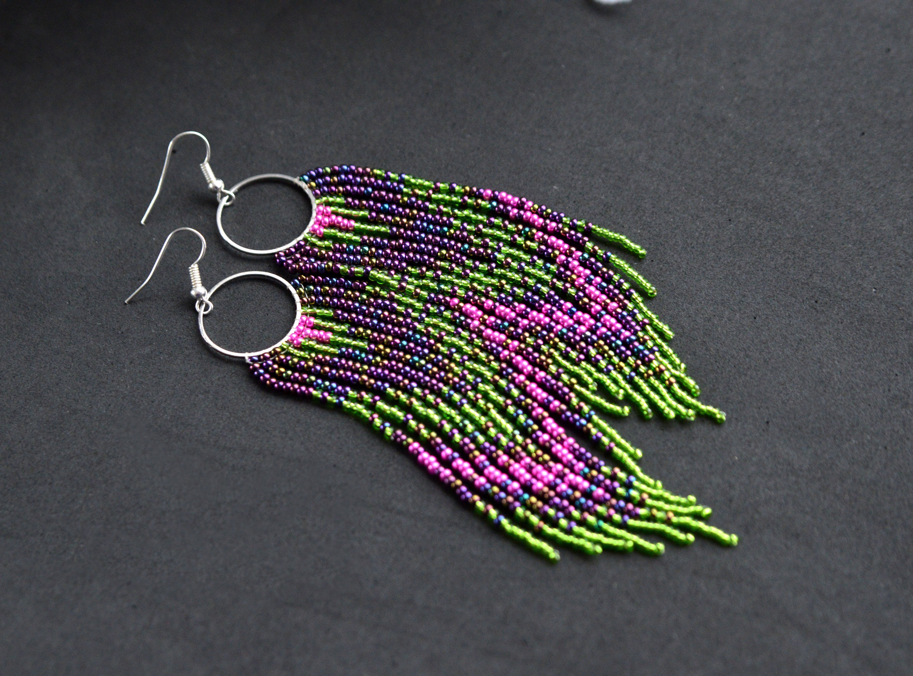 Beaded Fringe Hoops, Seed Bead Earrings, Rainbow Purple, Green, Pink ...